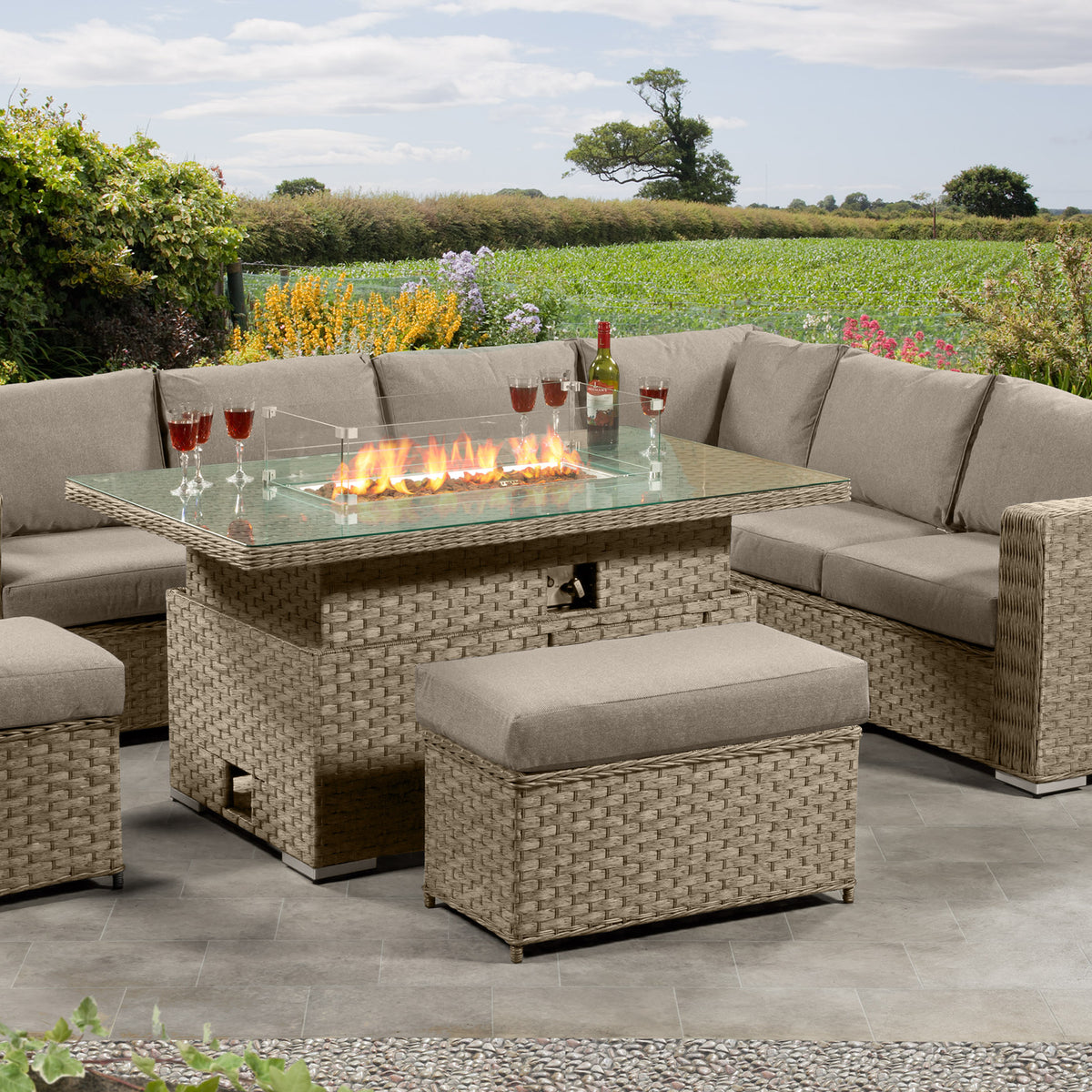 Richmond Rattan Aluminium Corner Set with Adjustable Fire Pit Table ...