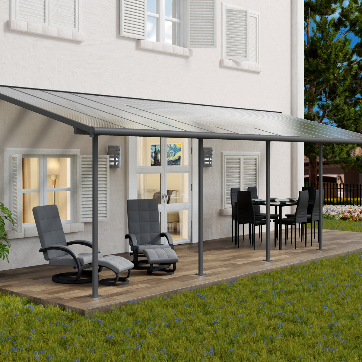 Sierra Patio Cover 3m x 8.6m - Grey Frame & Clear Polycarbonate ...